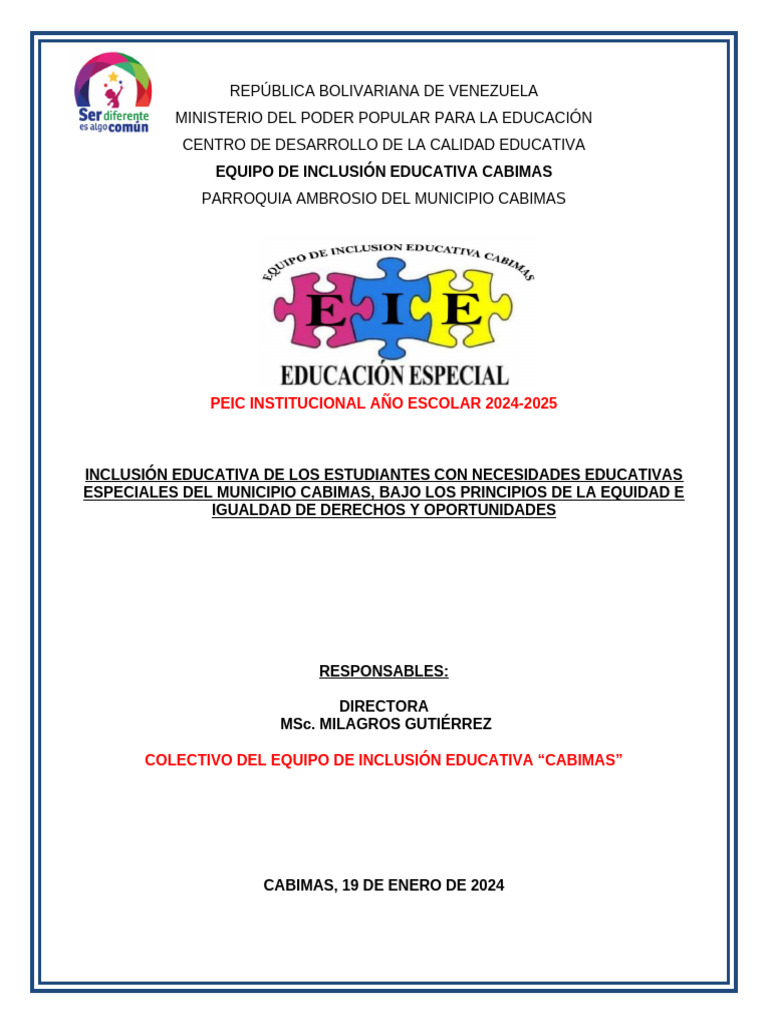Peic 2024-2025 Equipo Inclusive Educativa Cabimas | PDF | Inclusión ...