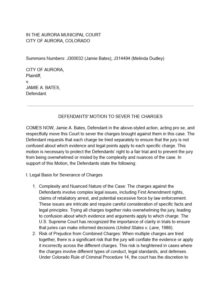 Summons Numbers - j300032 Defendants' Signed Motion To Sever The Charges | PDF | Trials ...