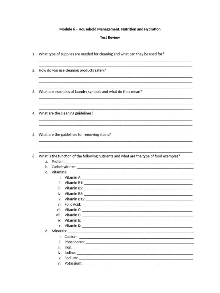 Module 6 - Household Management, Nutrition and Hydration Test Review ...