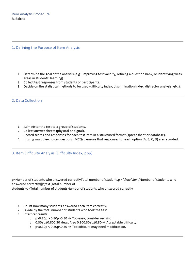 Test Item Analysis Procedure Guide | PDF | Evaluation | Methodology