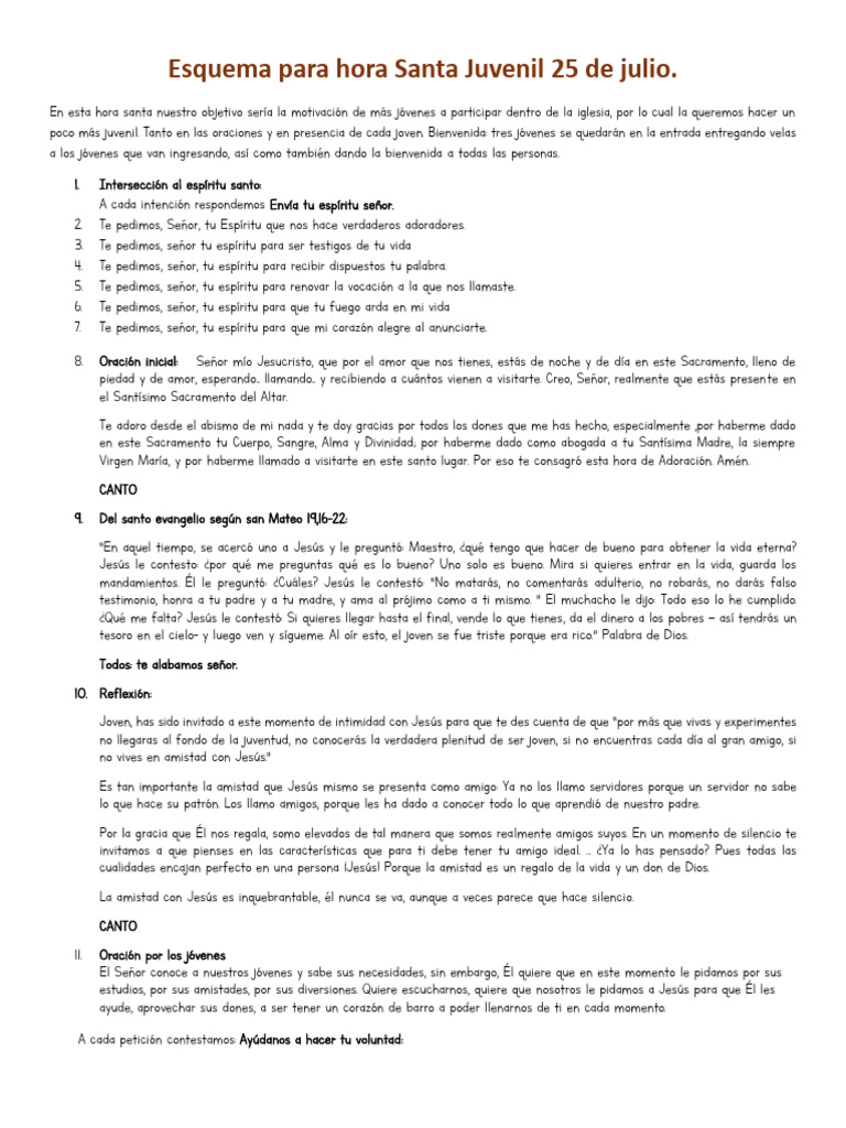 Esquema para Hora Santa Juvenil | PDF | Oración | María, madre de Jesús