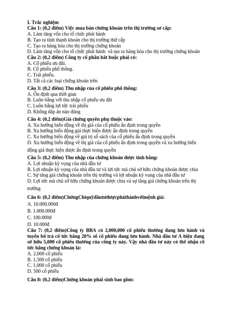 Trắc nghiệm TTCK | PDF