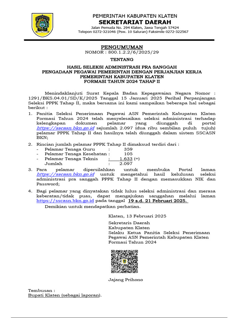 Pengumuman Pra Sanggah Hasil Seleksi Administrasi Pengadaan Pppk Periode 2 Tahun 2024 | PDF