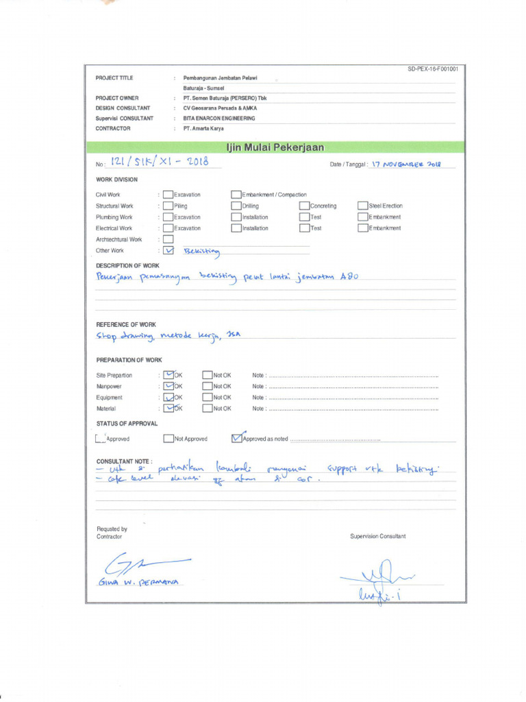 Ijin Kerja No. 121 Pekerjaan Pemasangan Bekisting Plat Lantai Jembatan ...