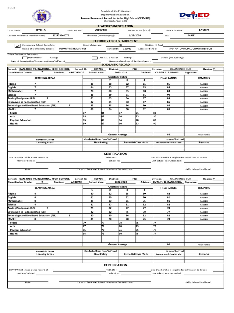 Form 137 Jhs Sf10 | PDF | Middle Schools | Primary Education