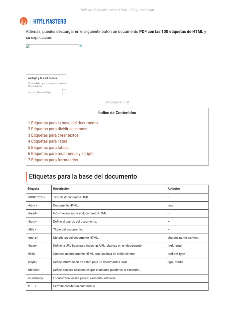 Guía Completa de Etiquetas HTML | PDF | HTML | Página web