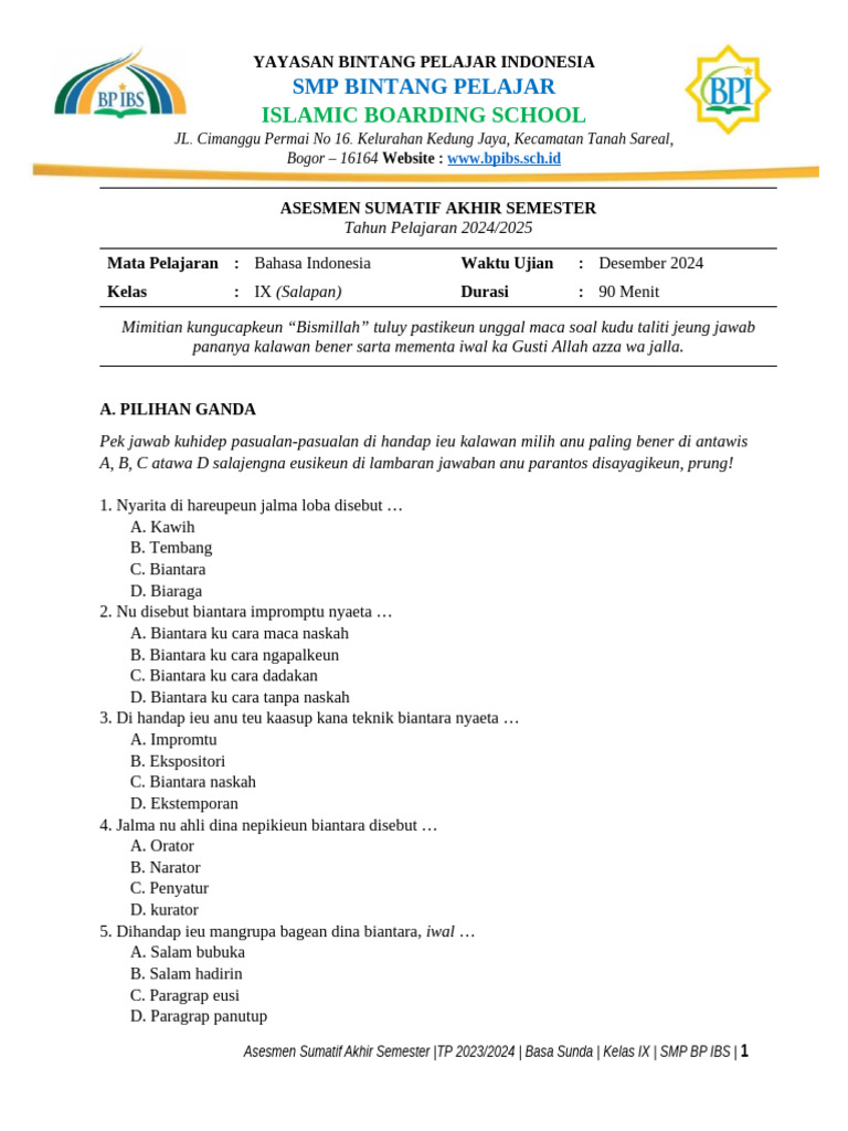 Soal ASAS Basa Sunda Kelas 9 2024 | PDF