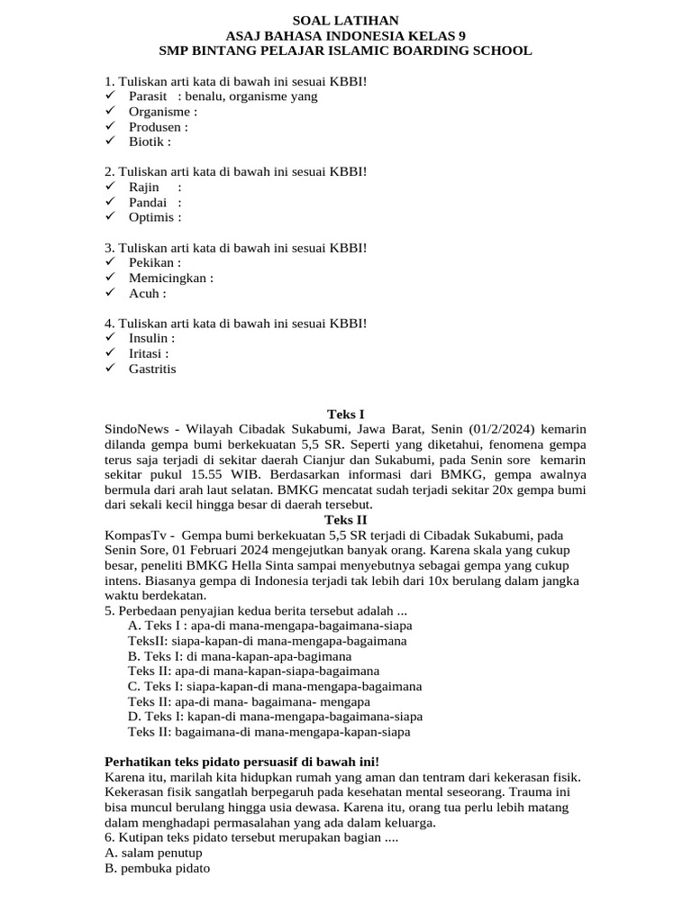 Soal Latihan US ASAJ Kelas 9 2024 | PDF