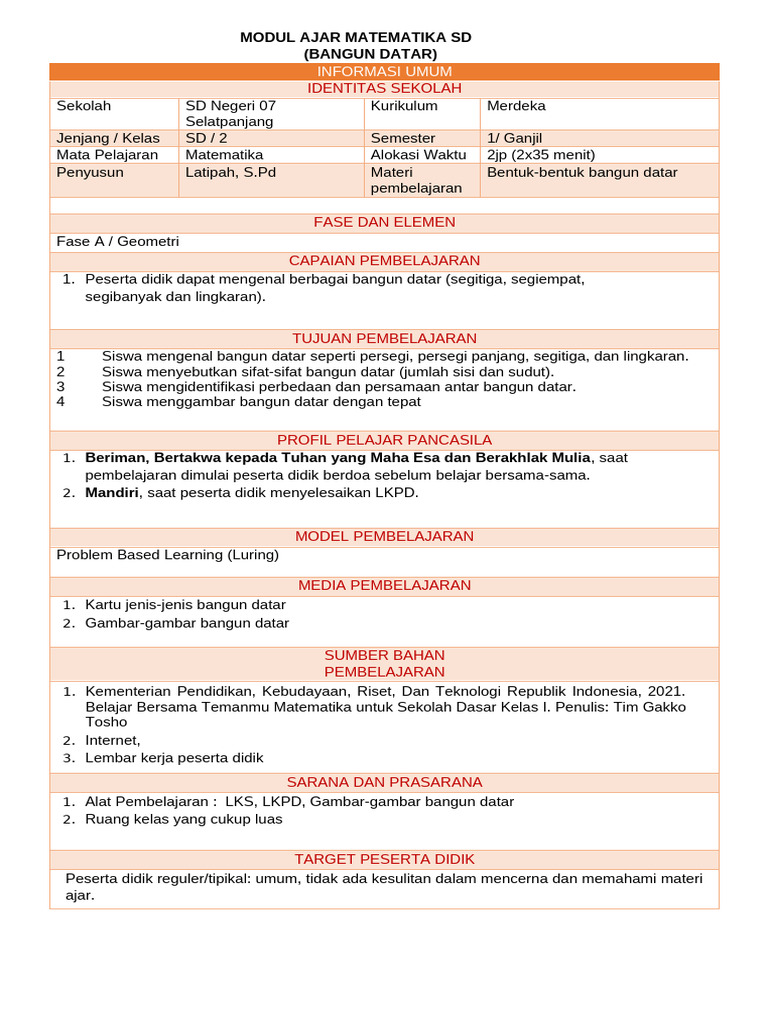 Modul Ajar Mtk Bangun Datar | PDF