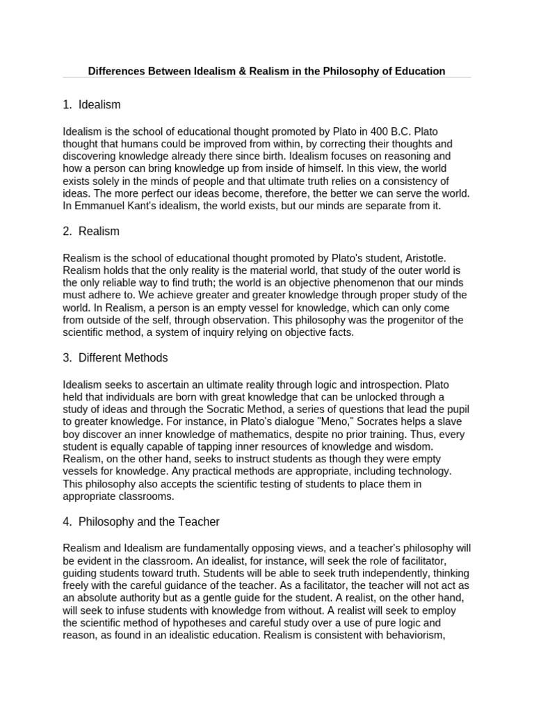 Idealism vs. Realism in Education | PDF | Philosophical Realism | Idealism