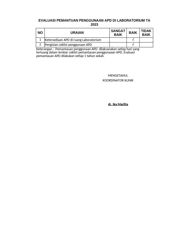 EVALUASI PEMAKAIAN APD LAB | PDF