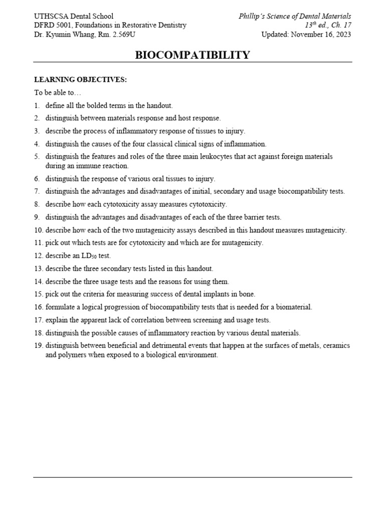23 Biocompatibility Handout | PDF | Adsorption | Human Tooth