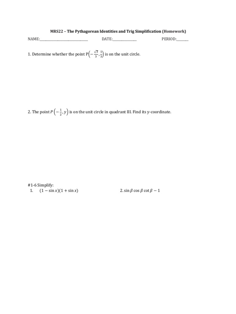 19..pythagorean Identities and Trig Simplification - HW | PDF