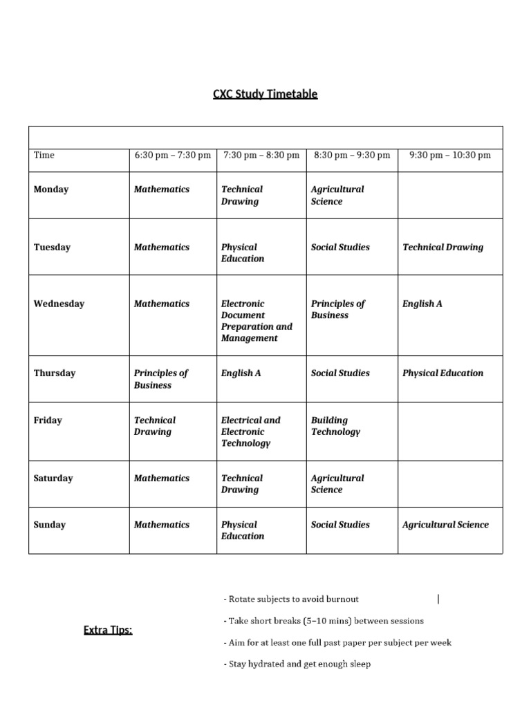CXC Study Timetable Table | PDF