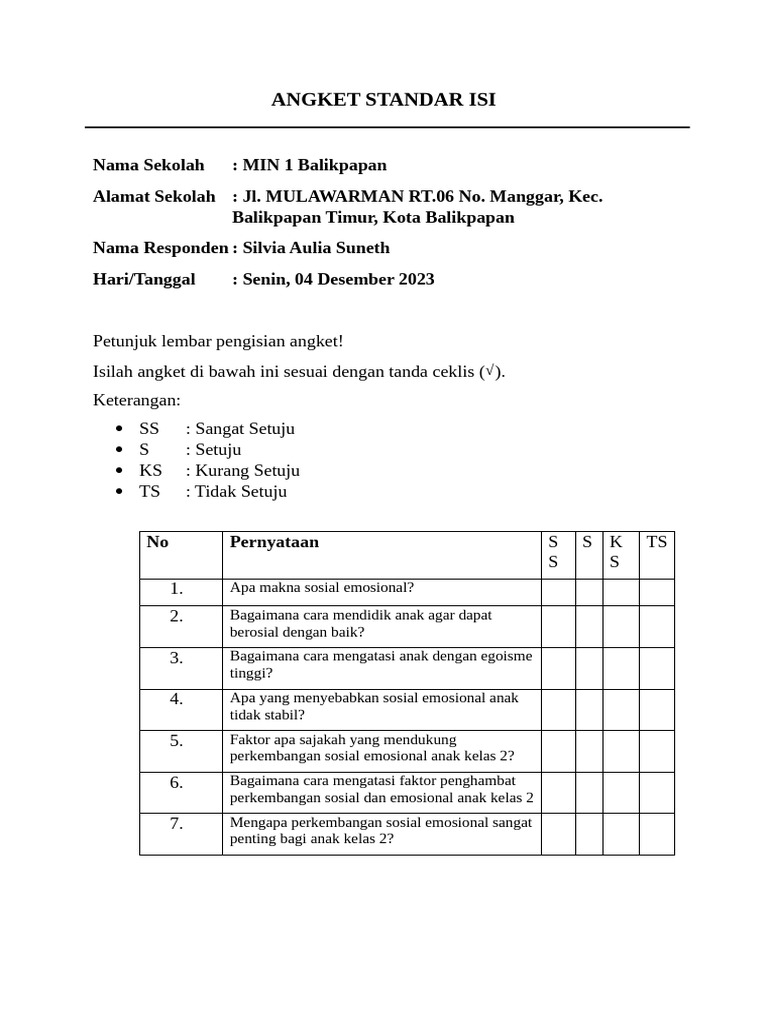 Angket Standar Isi | PDF