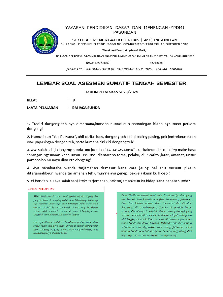 Uts Basa Sunda KLS X | PDF