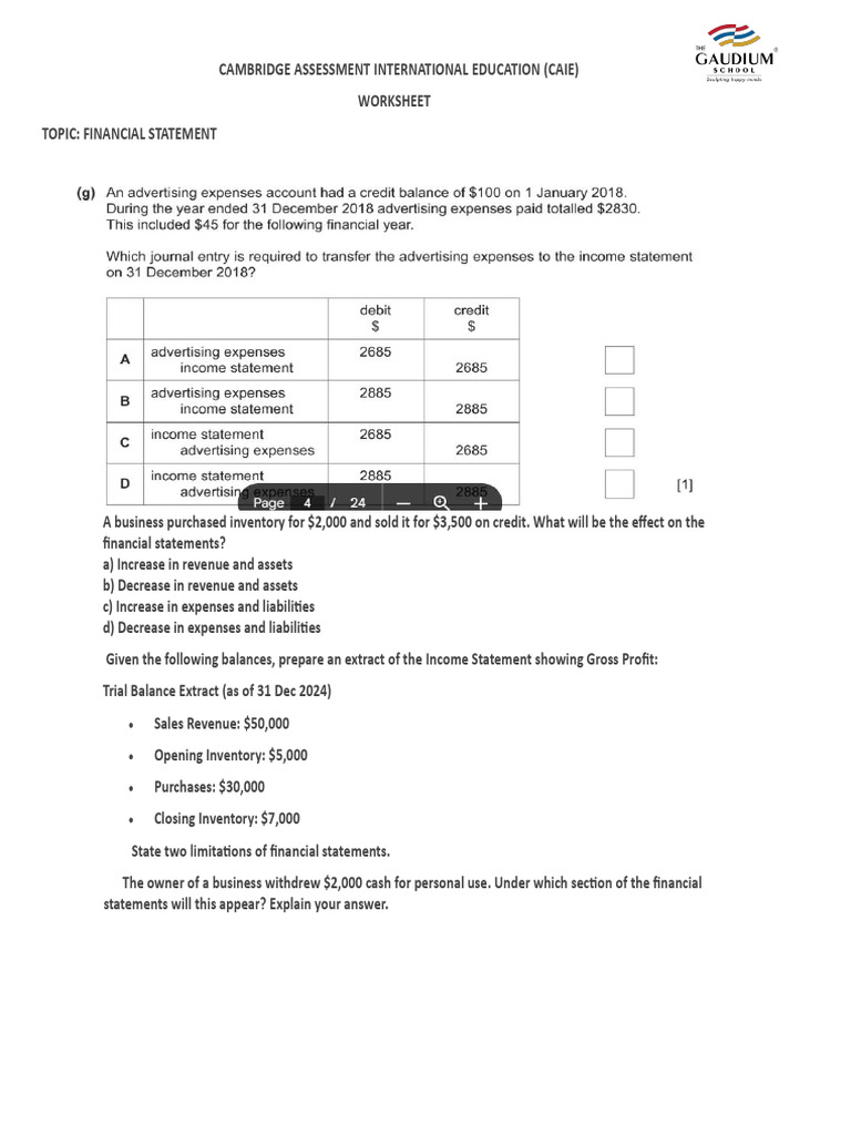 Worksheet Cambridge Financial Statments | PDF