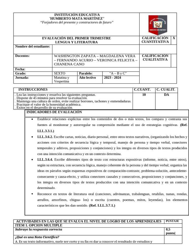 Evaluación - Lyl - PT - 7mo | PDF | Verbo | Gramática