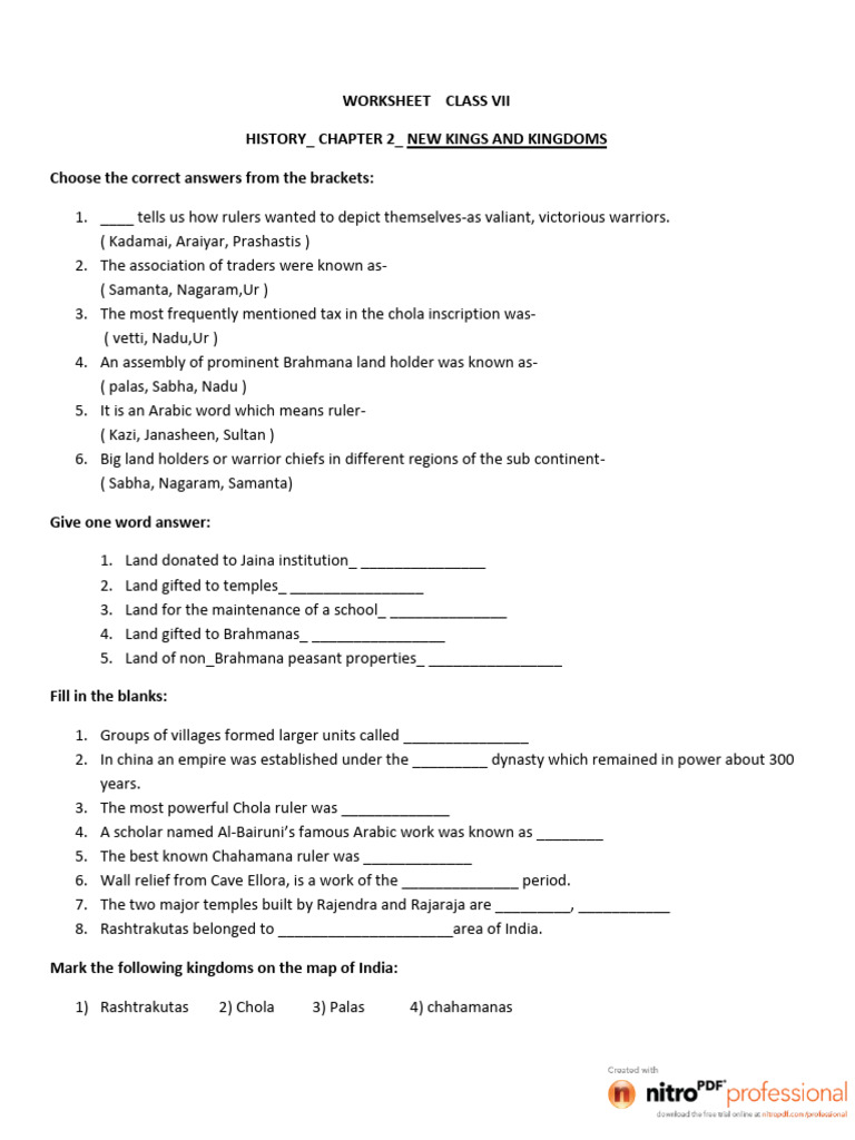 Class 7 History: New Kings Worksheet | PDF