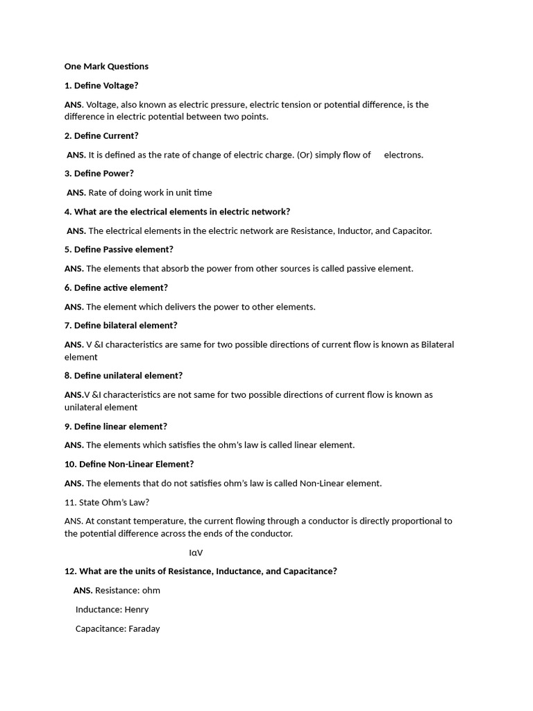 BEEE-UNIT1 One Mark Questions | PDF | Electrical Network | Voltage