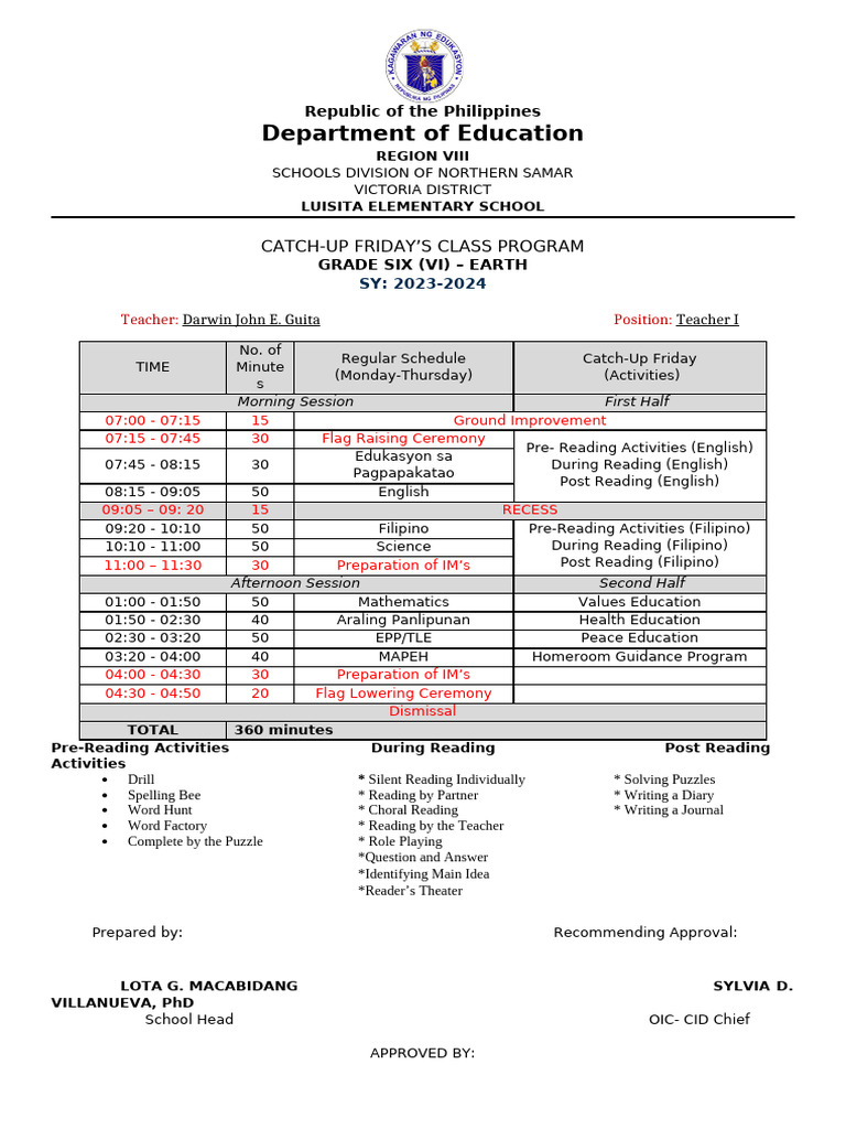 Catch-Up Friday Class Program Overview | PDF | Reading (Process) | Learning