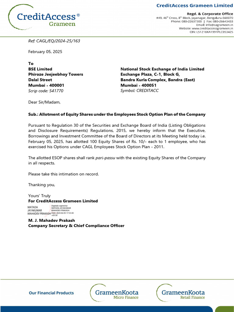 Ref: CAGL/EQ/2024-25/163: Yours' Truly | PDF