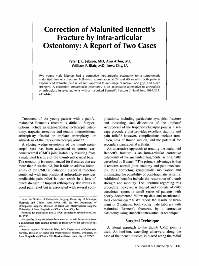 Correction of Malunited Bennett's Fracture by Intr | PDF | Surgery | Thumb
