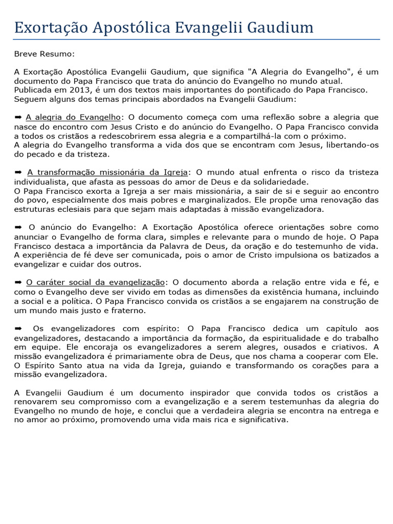 Resumo da Exortação Evangelii Gaudium | PDF | Papa Francisco | Crença e ...