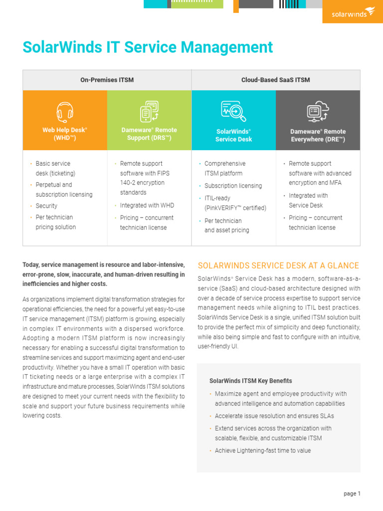 Solarwinds ITSM Infosheet Overview | PDF | Cloud Computing | It Service Management
