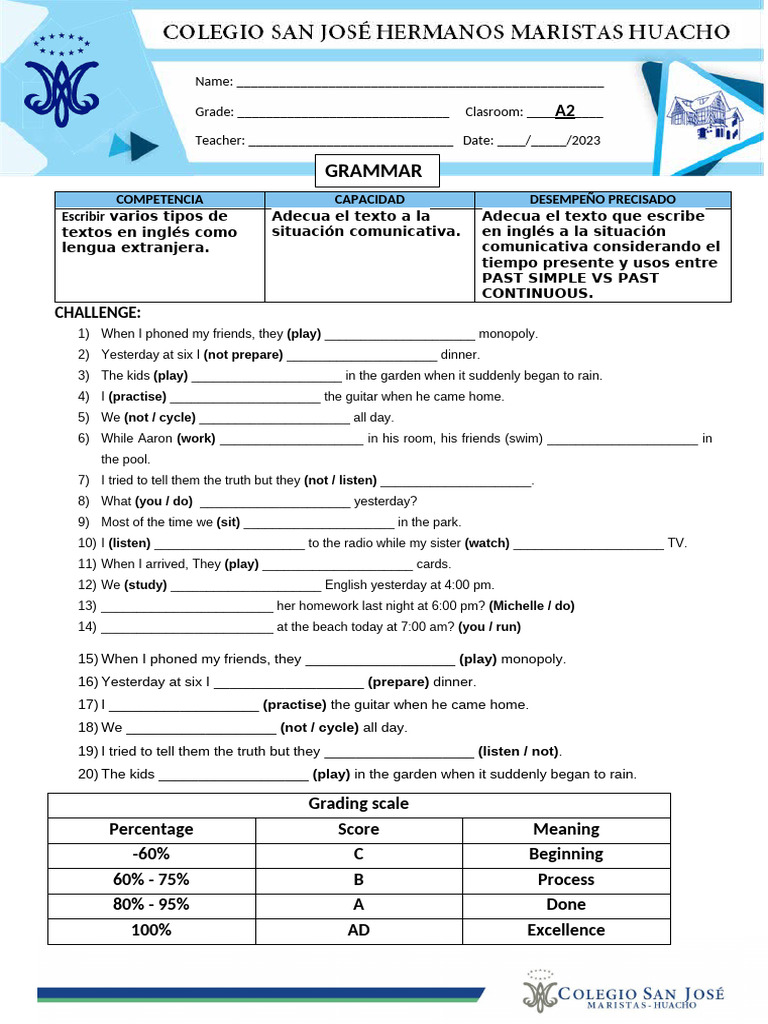 Grammar Test 2 - 1º Sec - Past Continuous - Unit 2 | PDF