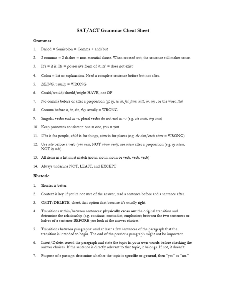 SAT ACT Grammar Cheat Sheet | PDF