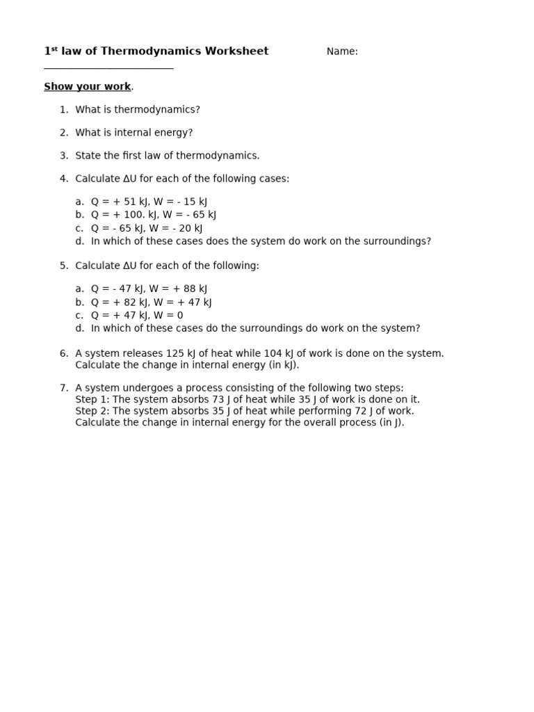 Unit 4 - Worksheet - 4.3 1st Law of Thermodynamics | PDF