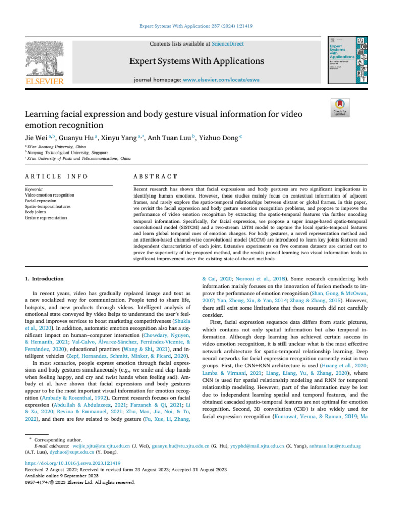 Learning facial expression and body gesture visual information for video emotion recognition ...