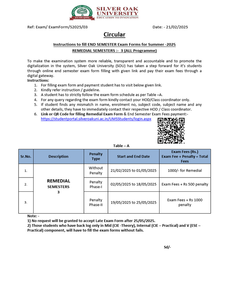 03 - Sem 3 Rem Exam Form - Circular | PDF