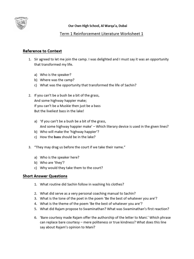 Grade 7 Term 1 Reinforcement Literature Worksheet 1 2024 | PDF