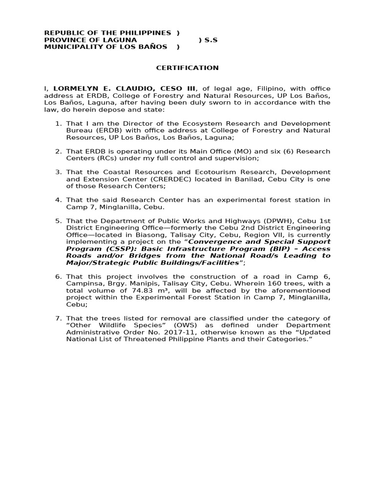 ERDB Certification for Tree Cutting Permit | PDF | Natural Environment ...