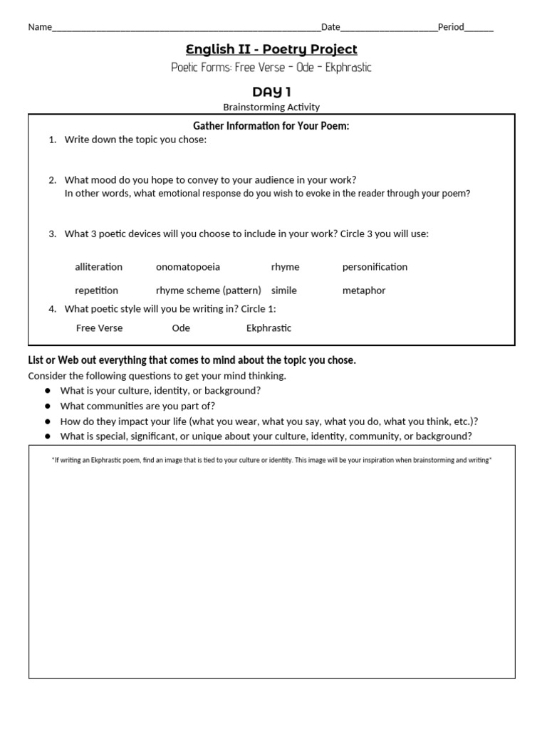 Poetry+Project +FreeVerse,+Ode,+Ekphrastic | PDF | Poetry | Rhyme