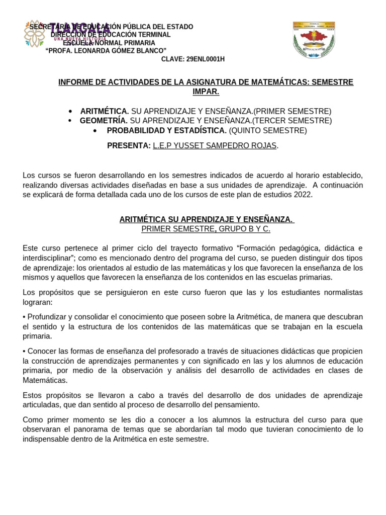 INFORME DE MATEMATICAS YUS | PDF | Educación primaria | Enseñando