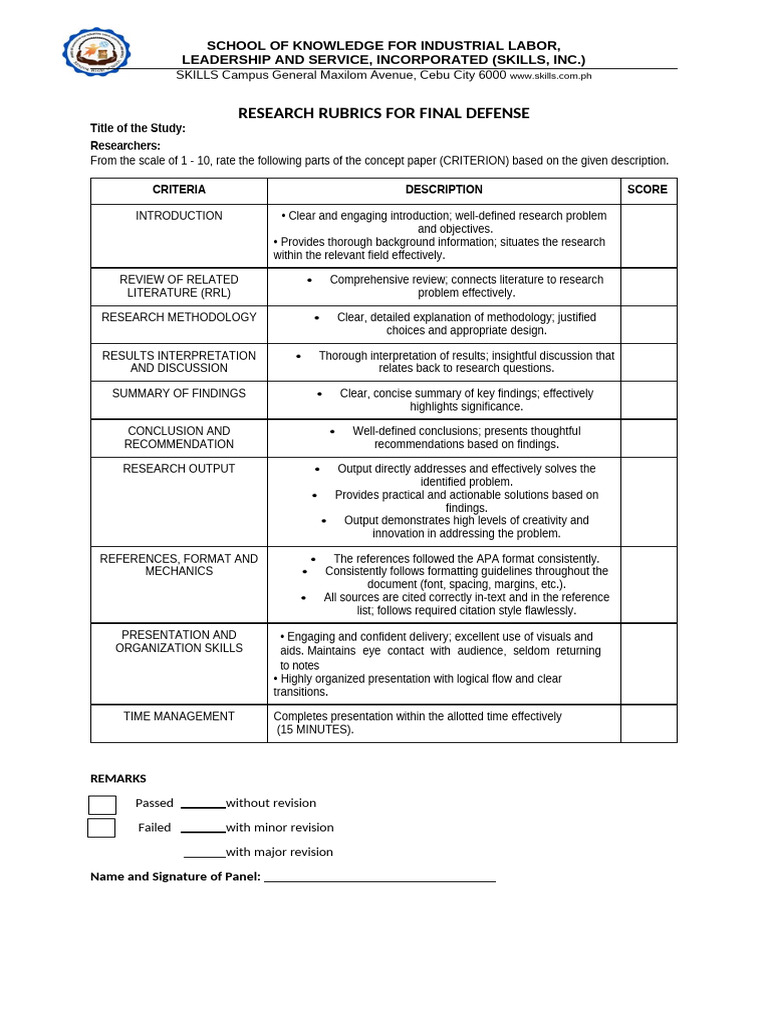 FINAL DEFENSE RUBRIC | PDF | Methodology | Learning