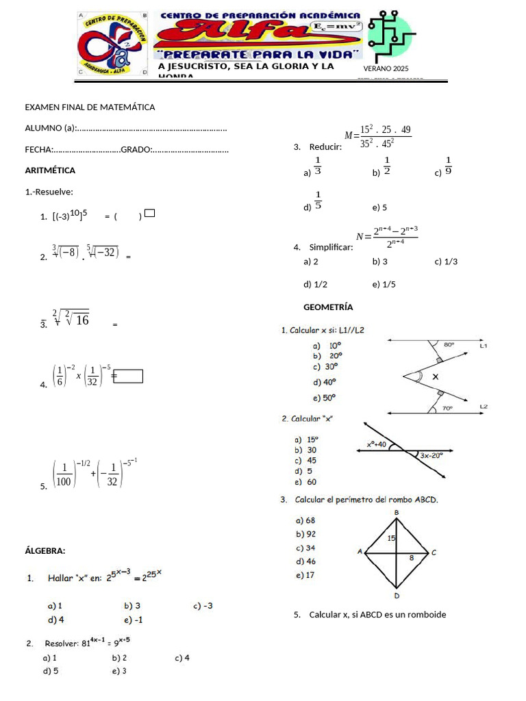 EXAMEN FINAL DE MATEMÁTICA 3° y4° Prim. | PDF