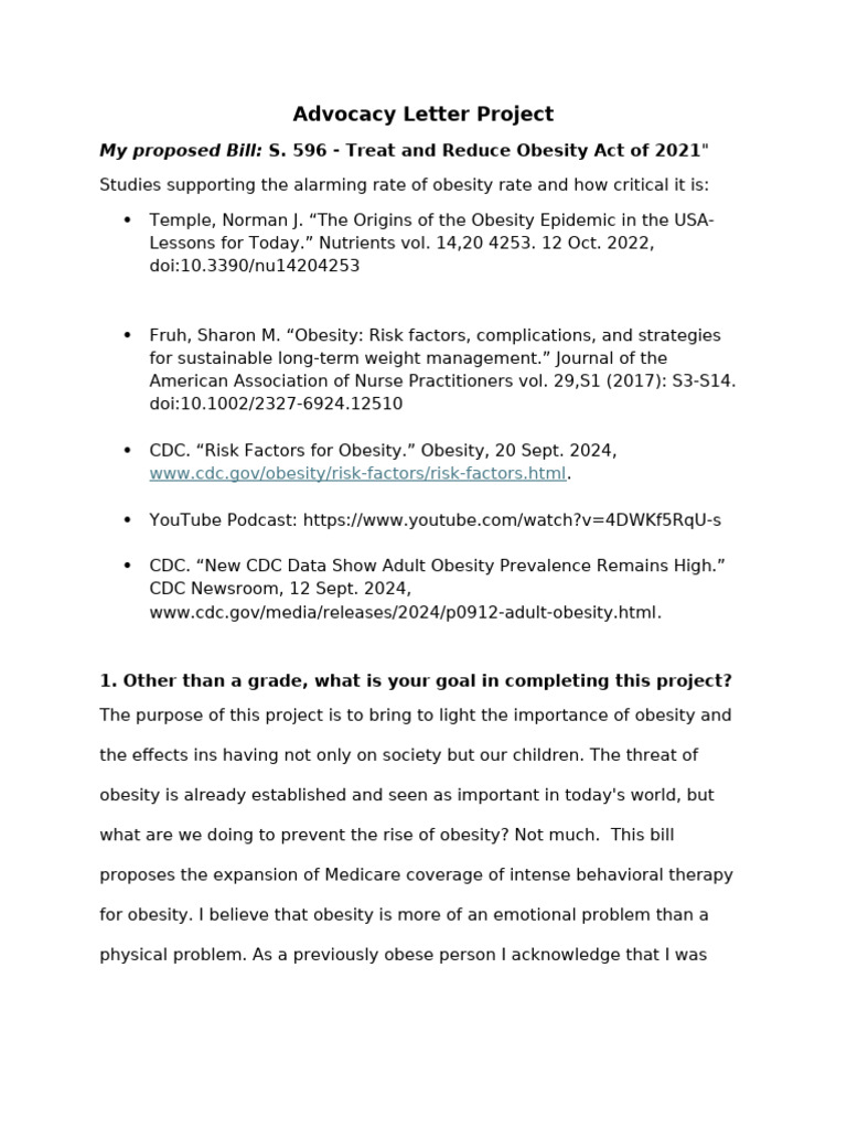 Advocacy Letter Project | PDF | Obesity | Medicare (United States)