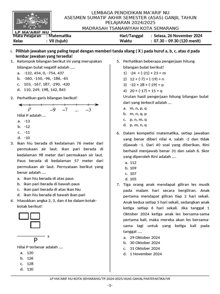 Tp.2425 Ganjil Asas Soal MTK 7 Fix | PDF