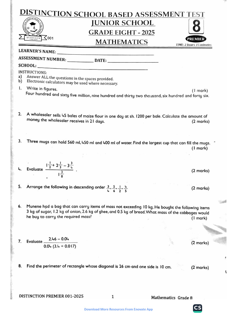 Grade 8 Distinction 001 Maths | PDF