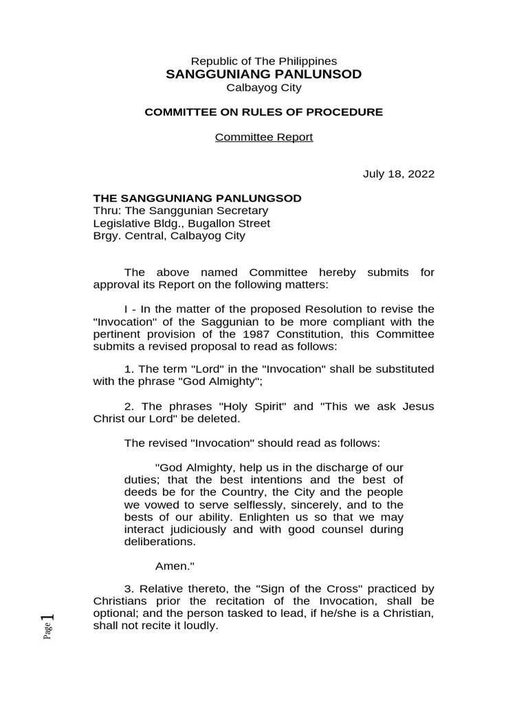 Commitee Report Re Opening Payer, Etc. | PDF