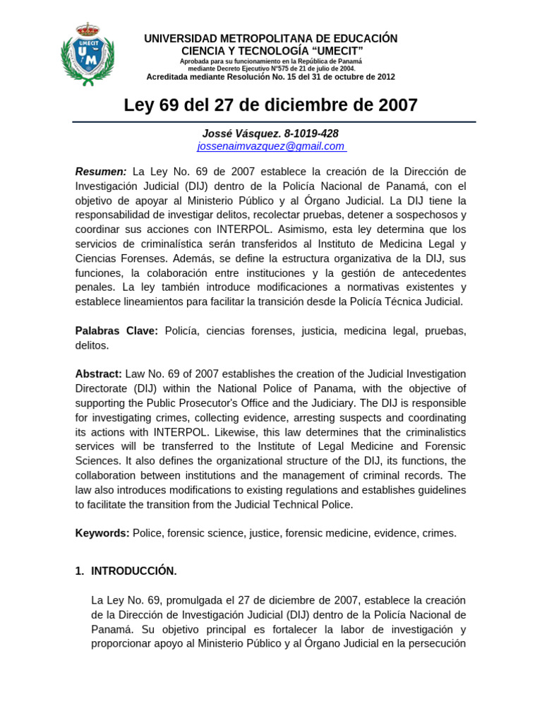 Ley 69 de 2007 y Medicina Legal en Panamá | PDF | Ciencia forense | Policía