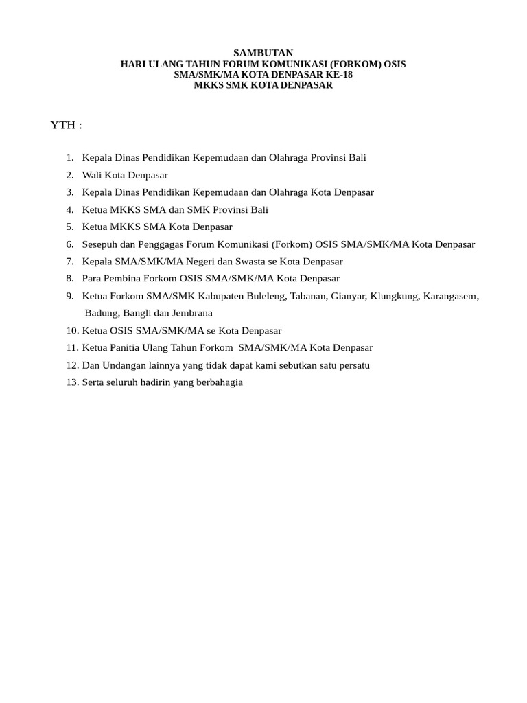 Sambutan Ultah Forkom OSIS | PDF