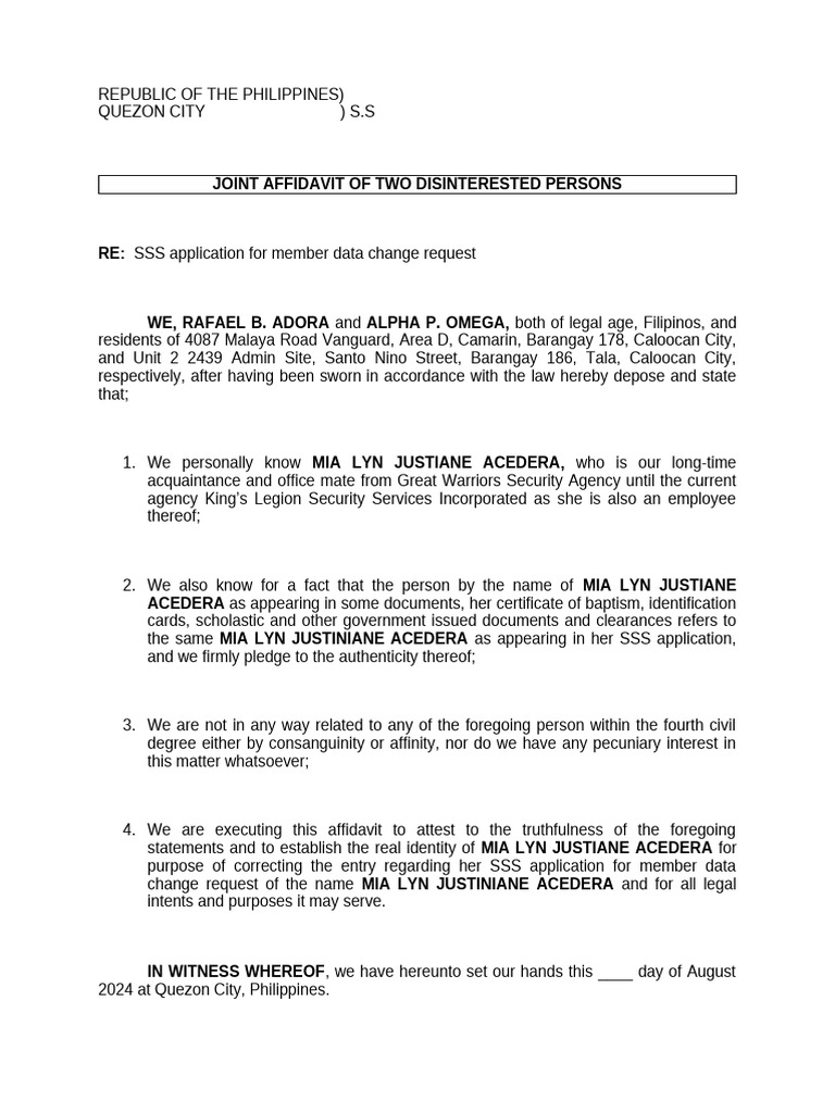 affidavit of two disinterested person acedera | PDF