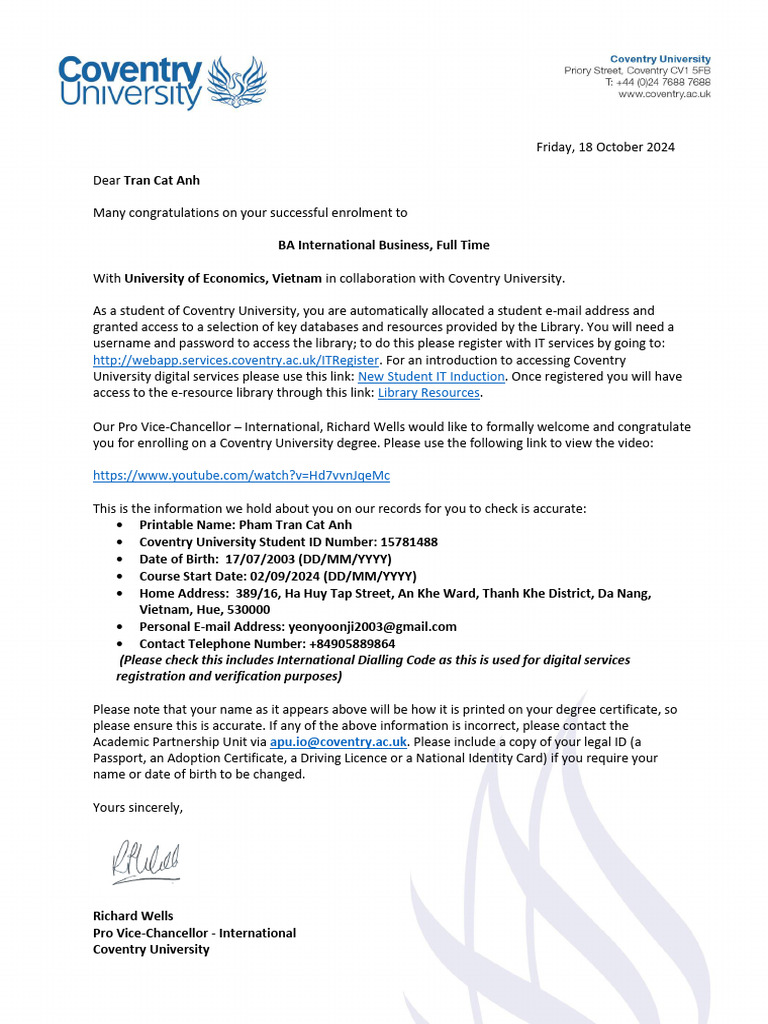 Welcome Letter - Pham Tran Cat Anh | PDF