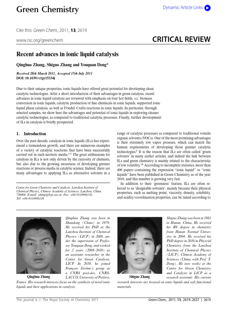 Recent Advances in Ionic Liquid Catalysis | PDF | Catalysis | Hydrolysis