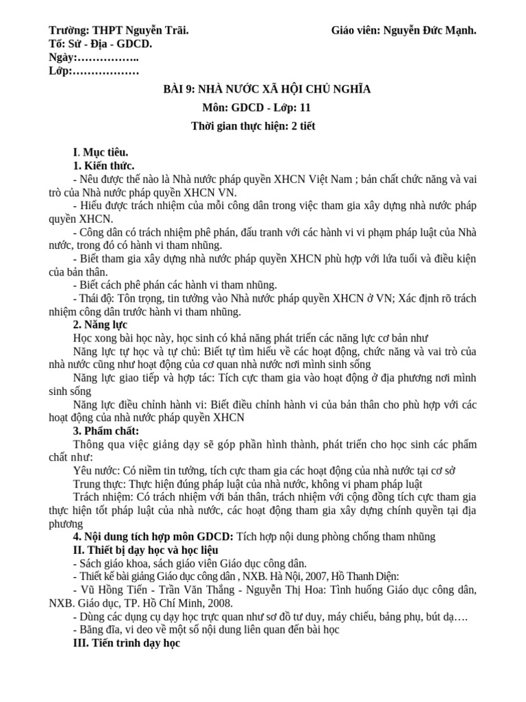 Giáo Án GDCD 11 M I 2021 | PDF